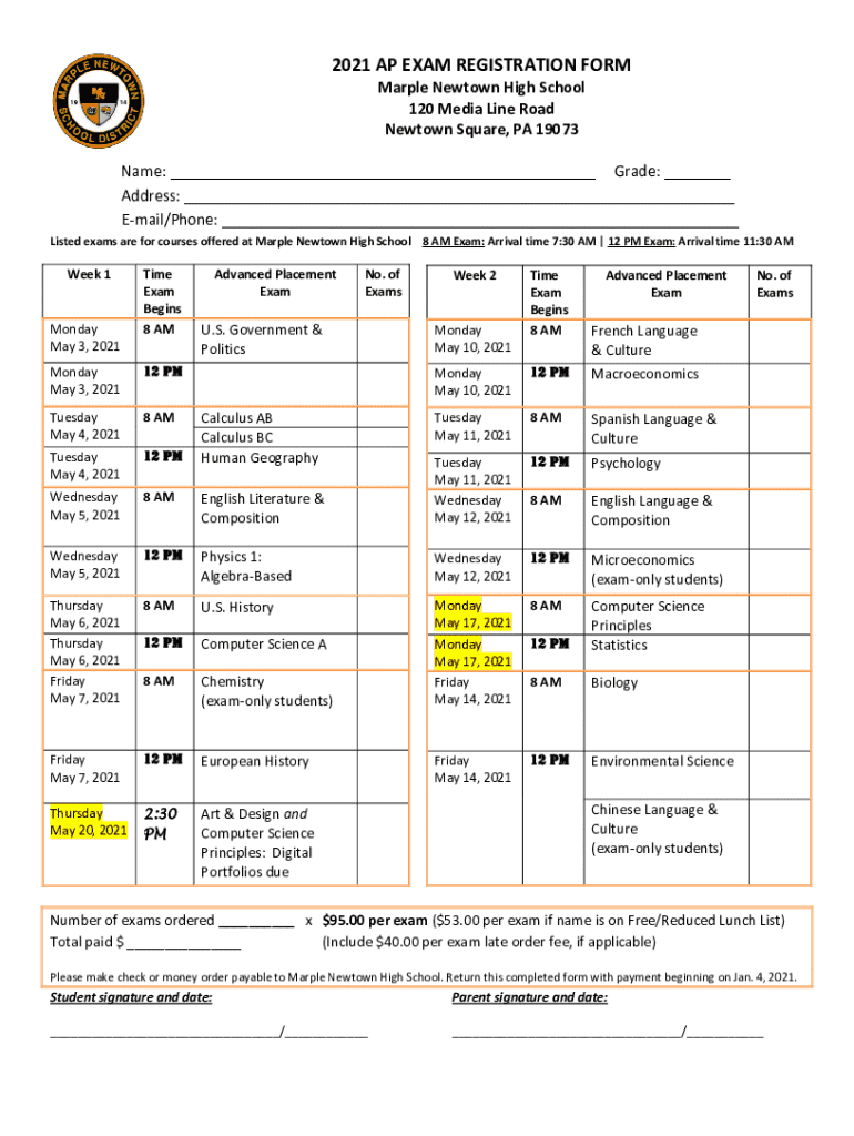 Fillable Online 2021 Ap Exam Registration Form Fax Email Print - pdfFiller