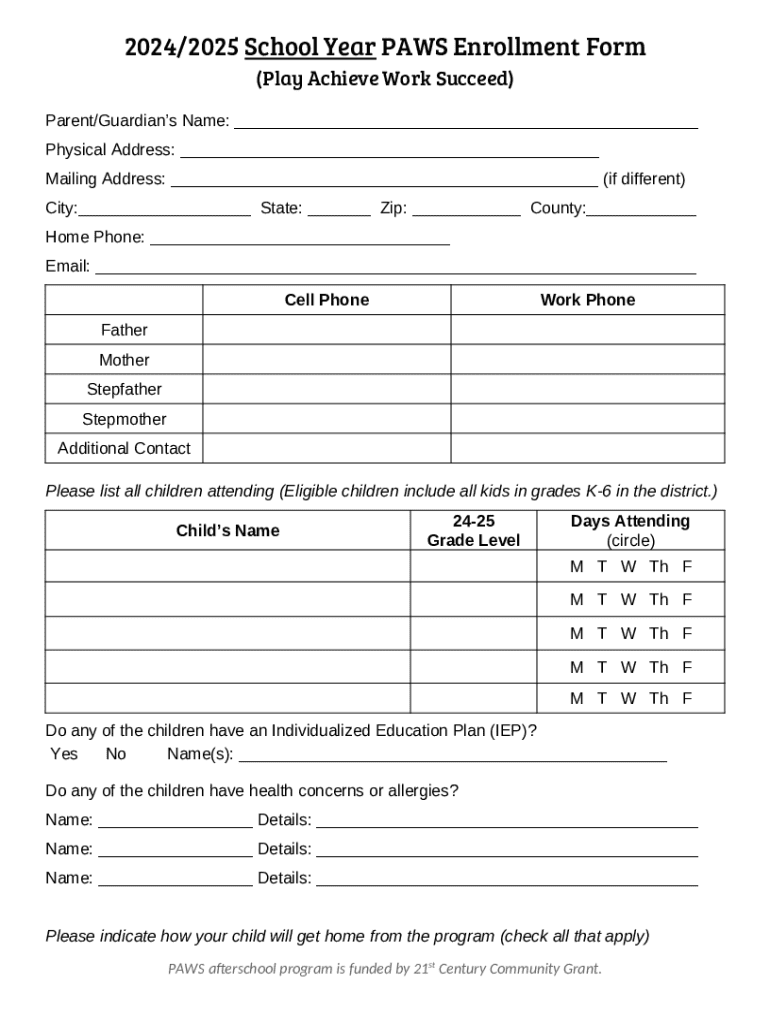 2024/2025 School Year Paws Enrollment Doc Template | pdfFiller