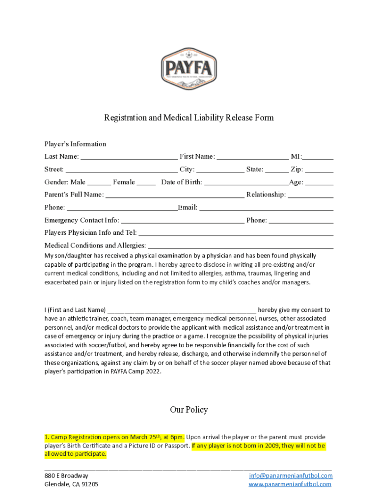 Fillable Online Registration and Medical Liability Release Form Fax ...