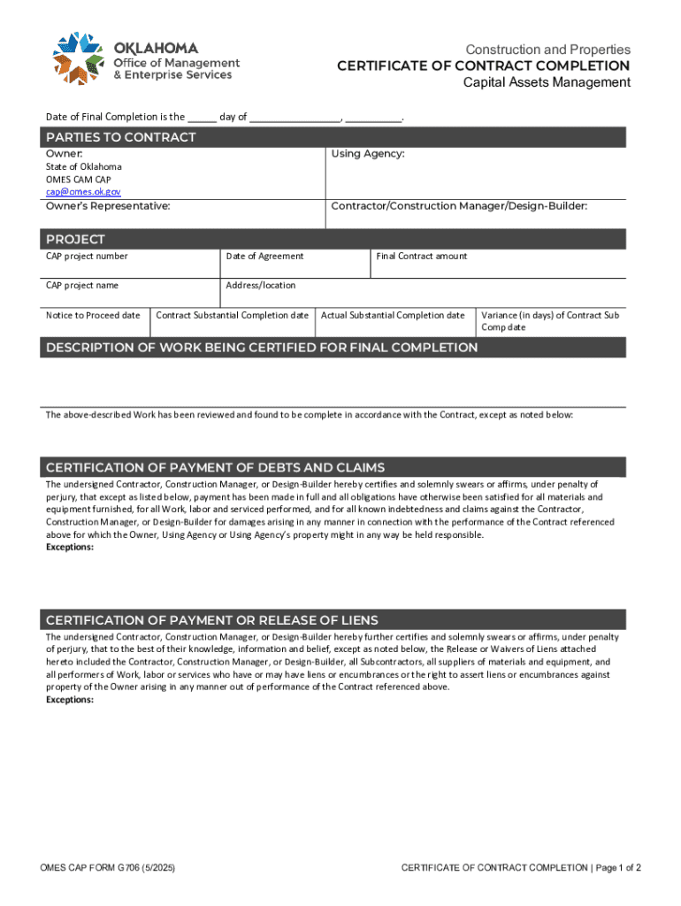 Fillable Online Certificate of Contract Completion Fax Email Print ...