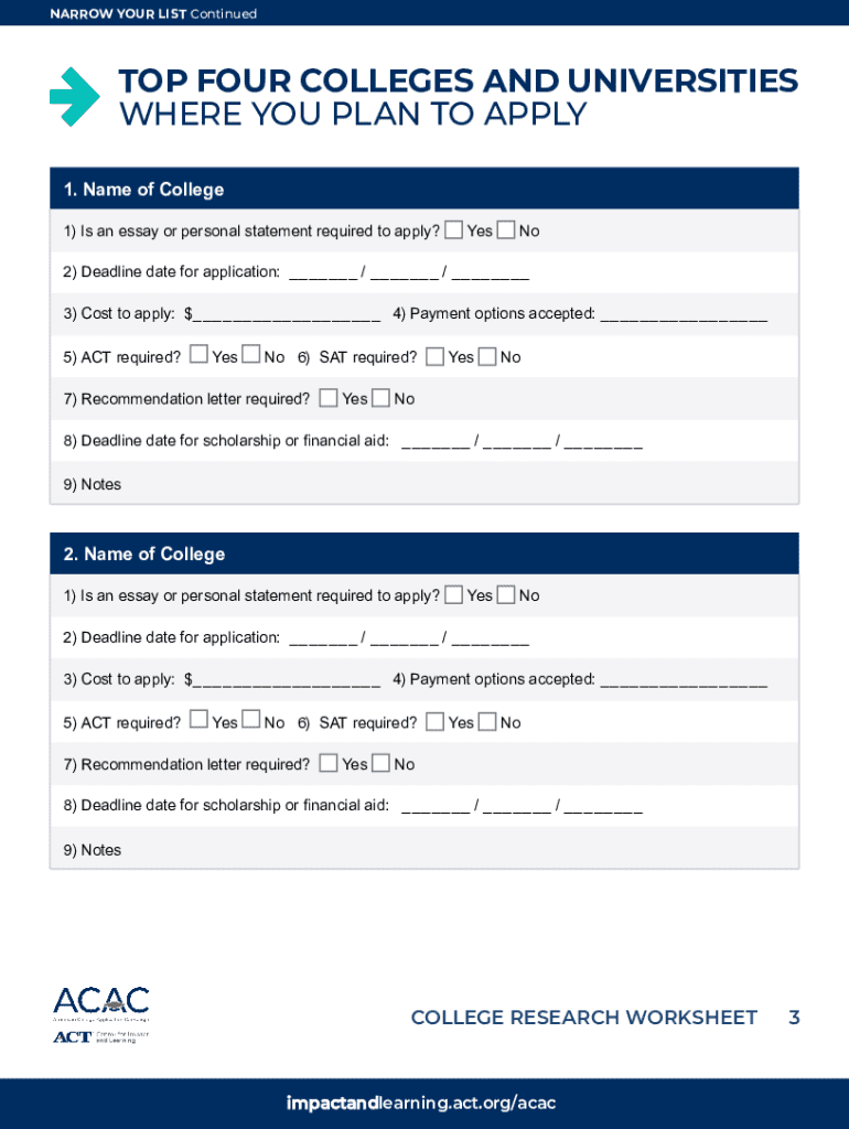 Fillable Online College Application Planning Guide Fax Email Print ...