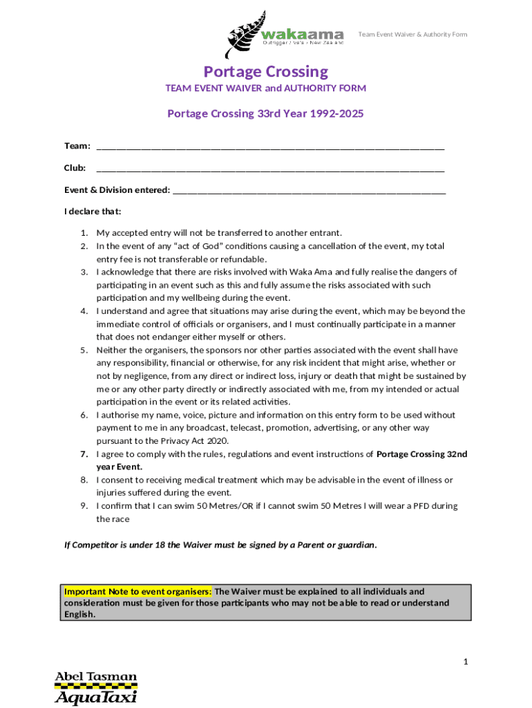 Portage Crossing Team Event Waiver and Authority Doc Template | pdfFiller