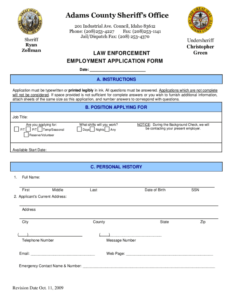 Fillable Online Adams County Sheriff’s Office Employment Application ...