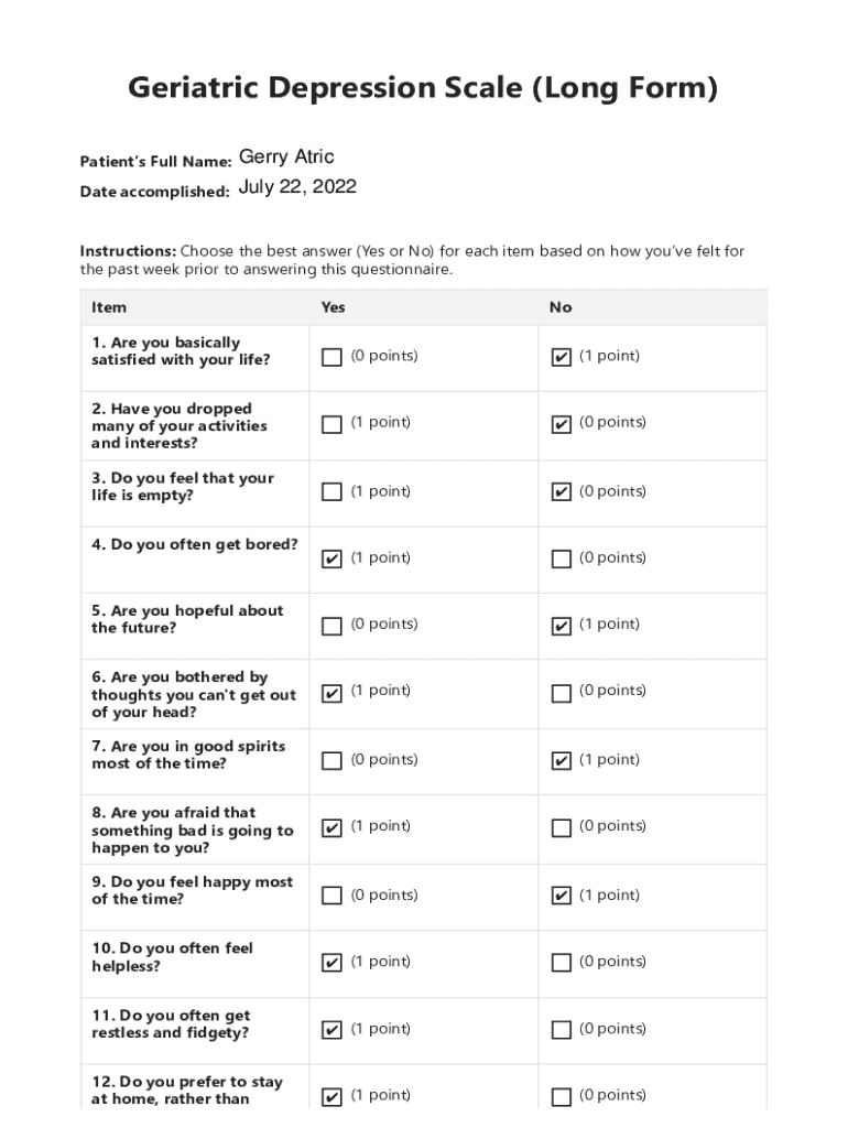 Fillable Online Geriatric Depression Scale Fax Email Print - pdfFiller