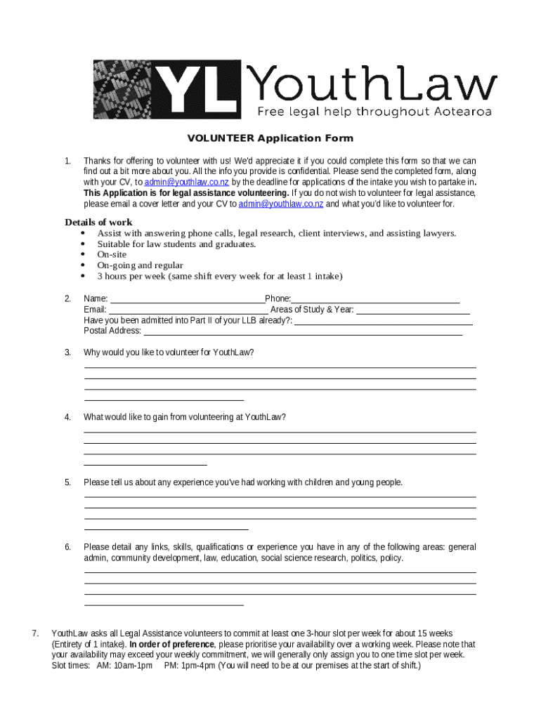 Volunteer Application - youthlaw co Doc Template | pdfFiller