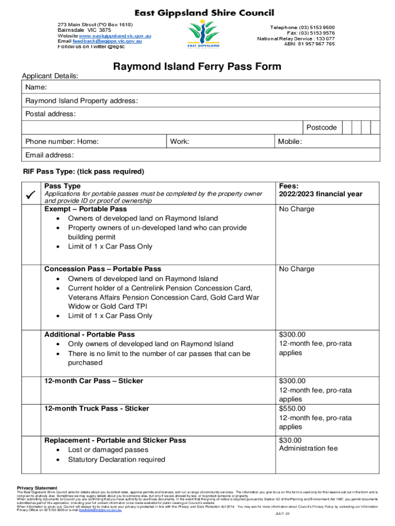 Fillable Online Raymond Island Ferry Pass Application Fax Email Print ...