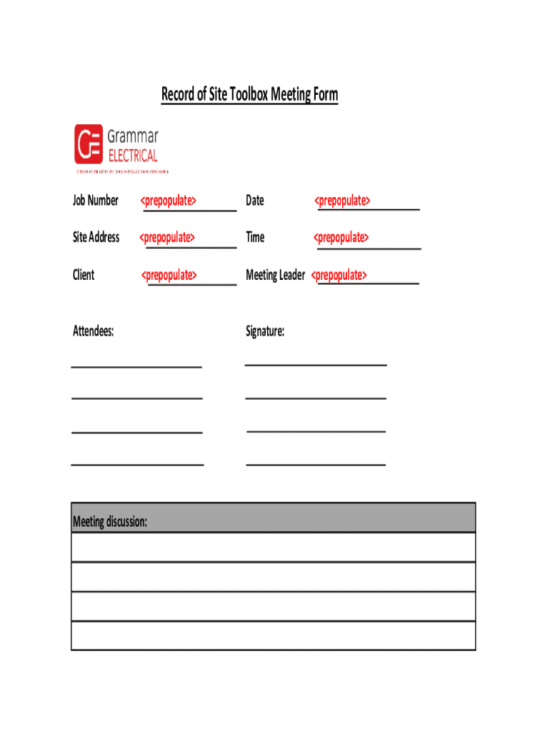 Fillable Online Record of Site Toolbox Meeting Fax Email Print - pdfFiller
