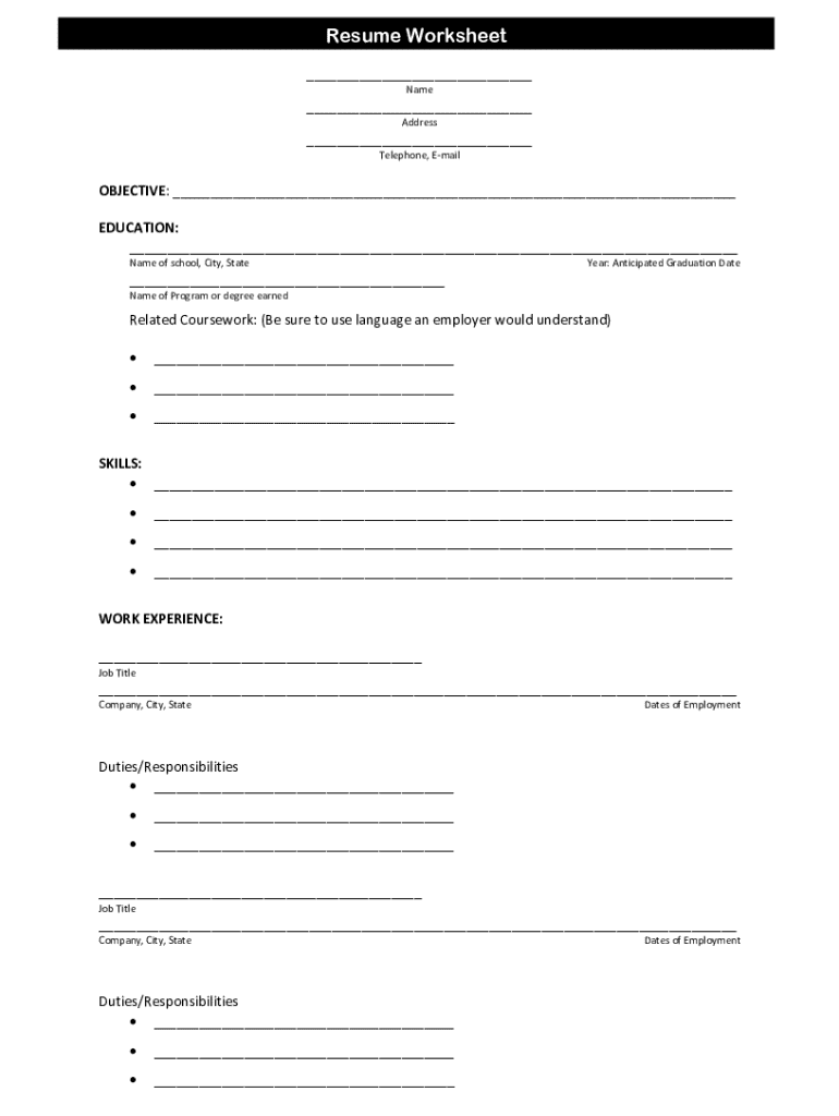 Fillable Online Resume Worksheet Fax Email Print - pdfFiller
