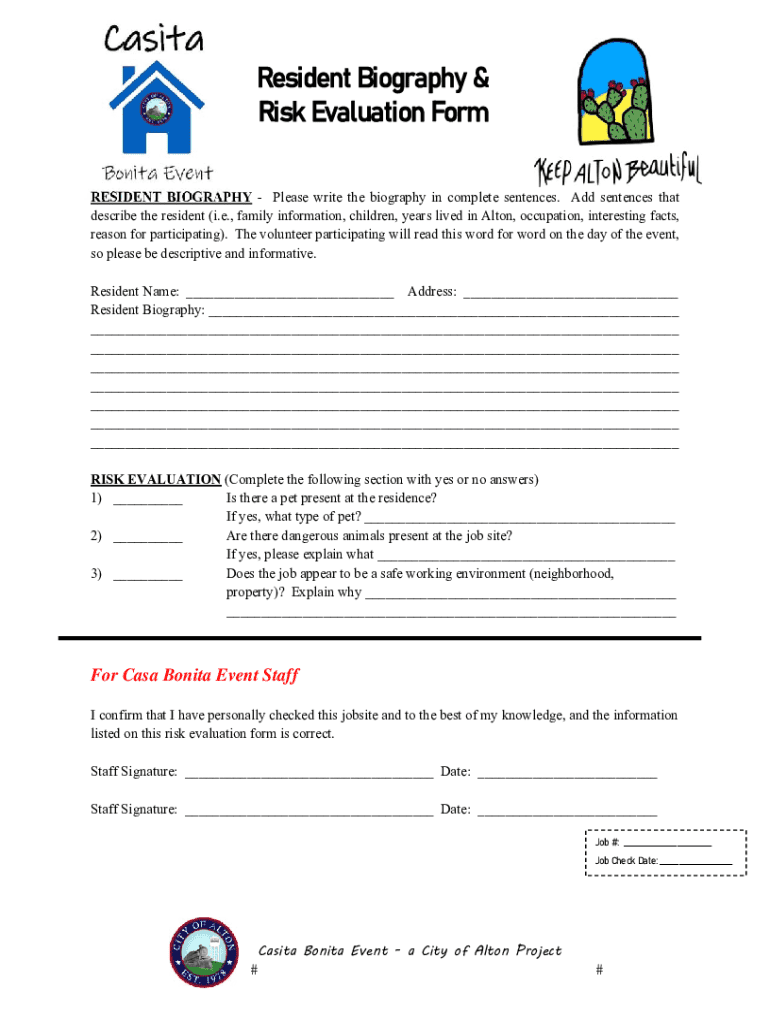 Fillable Online Resident Biography & Risk Evaluation Form Fax Email ...