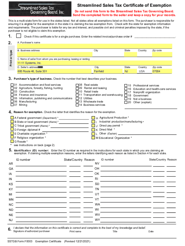 Fillable Online Streamlined Sales Tax Certificate of Exemption Fax Email Print - pdfFiller