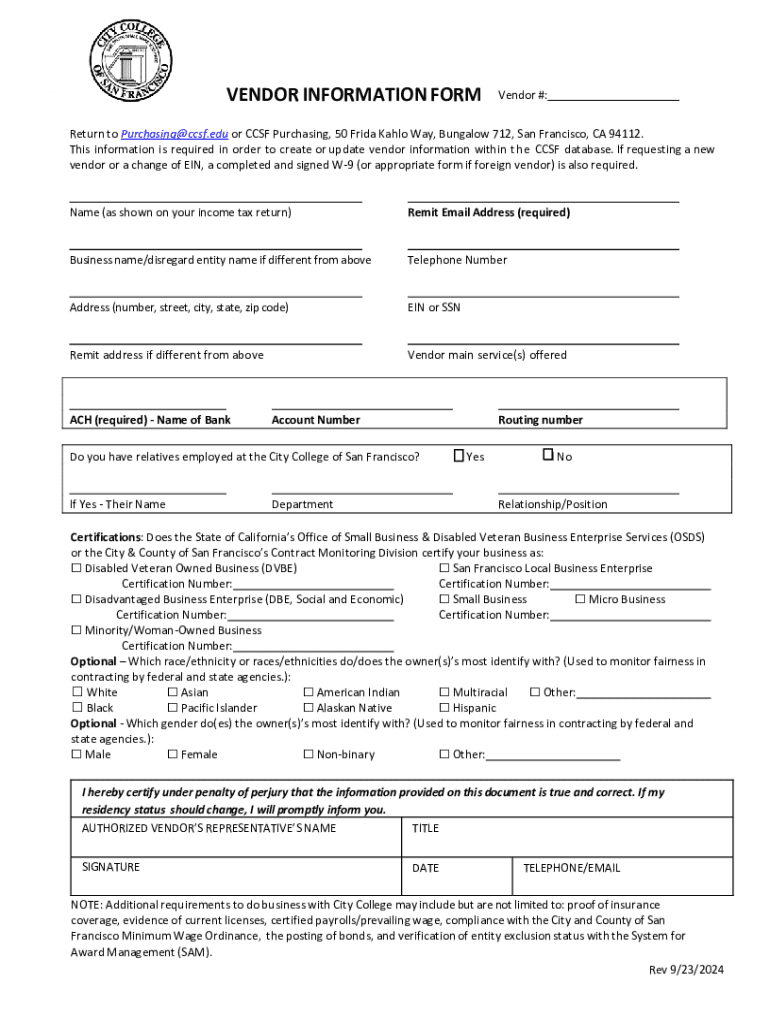 Fillable Online Vendor Information Form Fax Email Print - pdfFiller