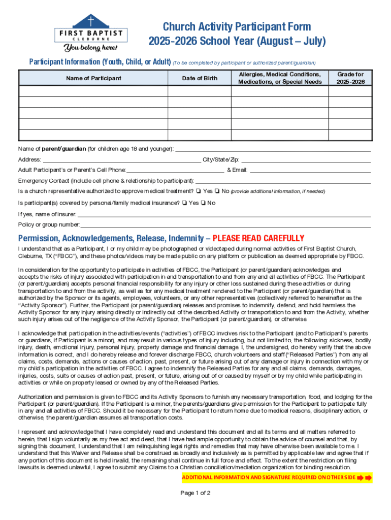 Fillable Online Church Activity Participant Form for 2025-2026 School ...