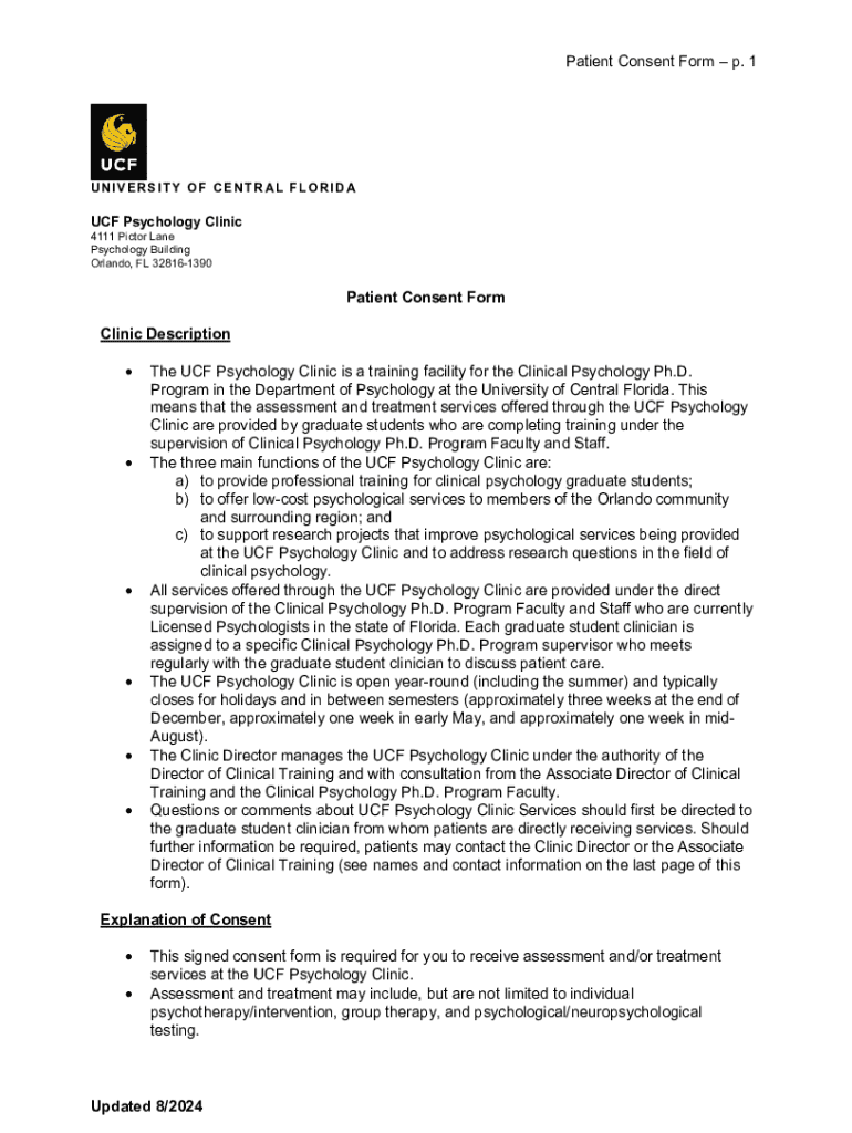 Fillable Online Patient Consent Form for Ucf Psychology Clinic Fax ...