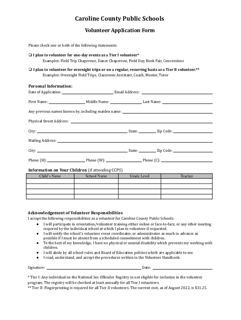 Fillable Online Caroline County Public Schools Volunteer Application ...