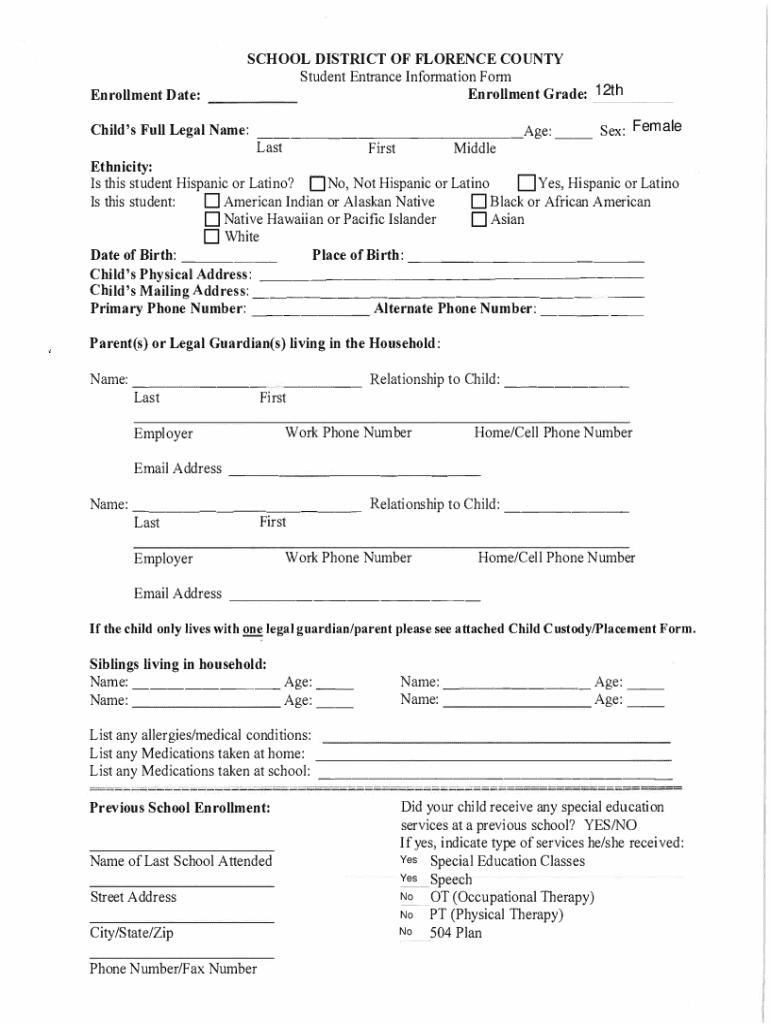 Fillable Online Student Entrance Information Form Fax Email Print ...