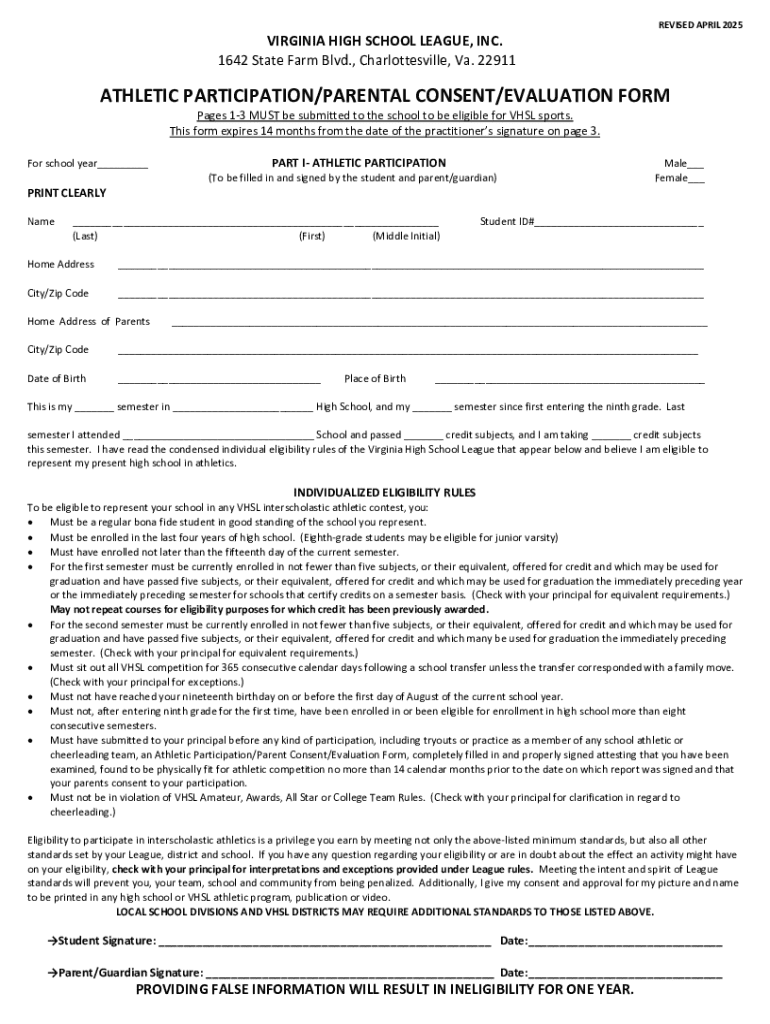 Fillable Online Virginia High School League Athletic Participation Form Fax Email Print - pdfFiller