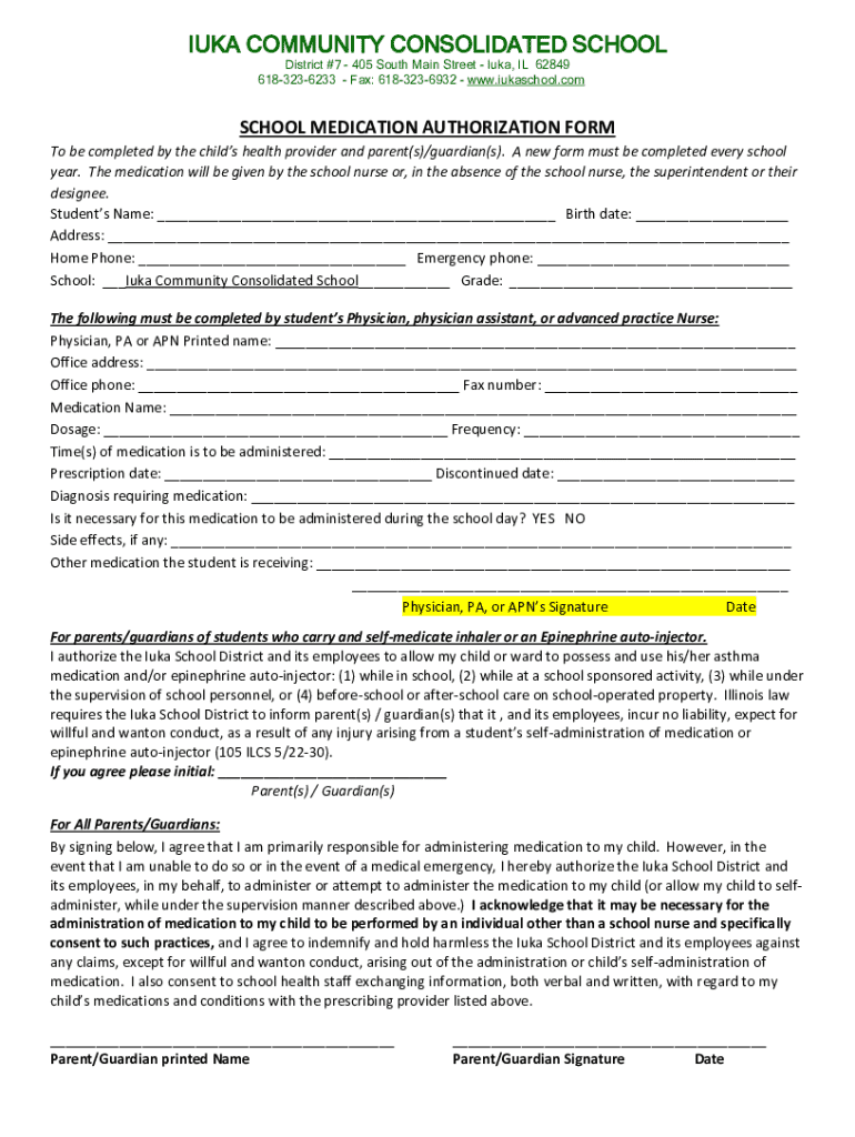 Fillable Online Iuka Community Consolidated School Medication ...