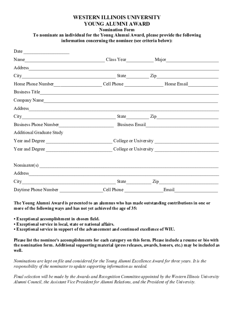 Fillable Online Young Alumni Award Nomination Fax Email Print - pdfFiller