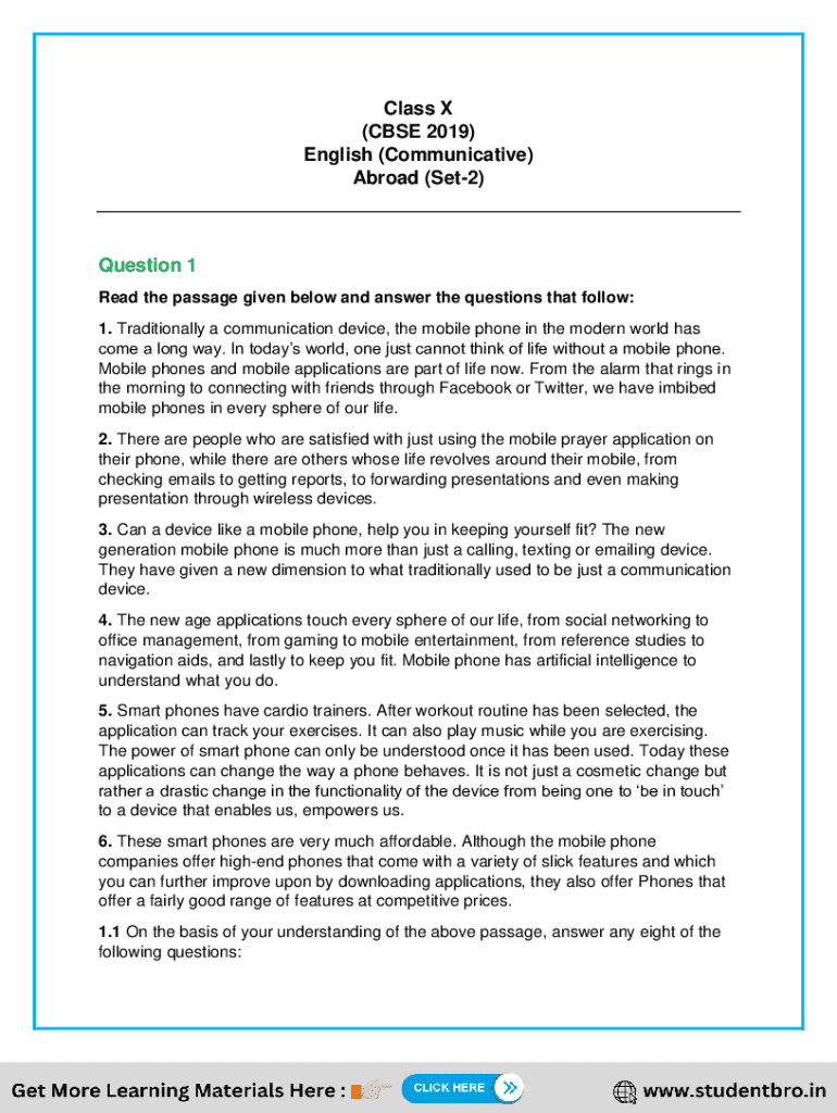Fillable Online Cbse Class X English Communicative Exam Paper Fax Email ...