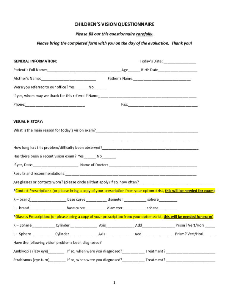 Fillable Online Children's Vision Questionnaire Fax Email Print - pdfFiller