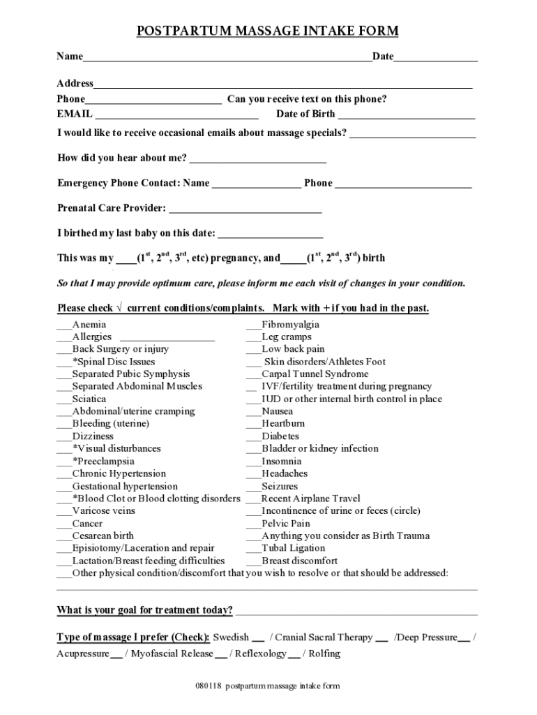 Fillable Online Postpartum Massage Intake Form Fax Email Print - pdfFiller