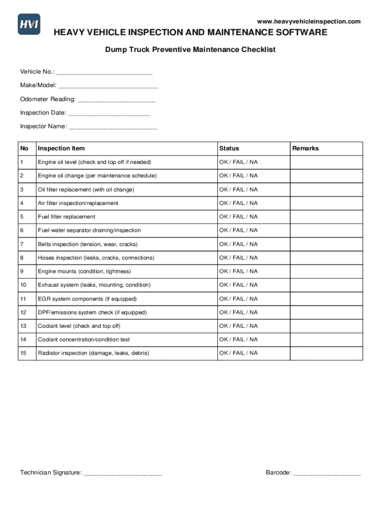 Fillable Online Dump Truck Preventive Maintenance Checklist Fax Email ...