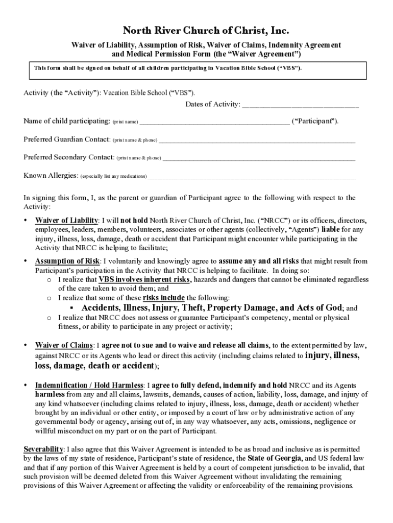 Fillable Online Waiver of Liability, Assumption of Risk, Waiver of Claims, Indemnity Agreement ...
