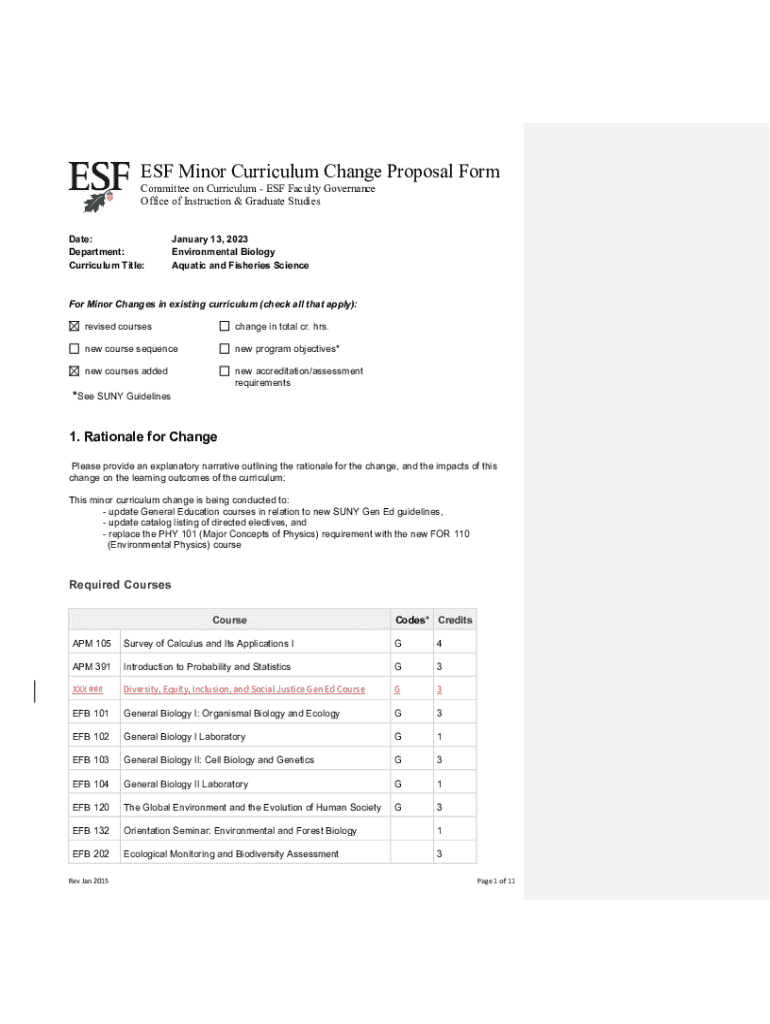 Fillable Online Esf Minor Curriculum Change Proposal Fax Email Print ...