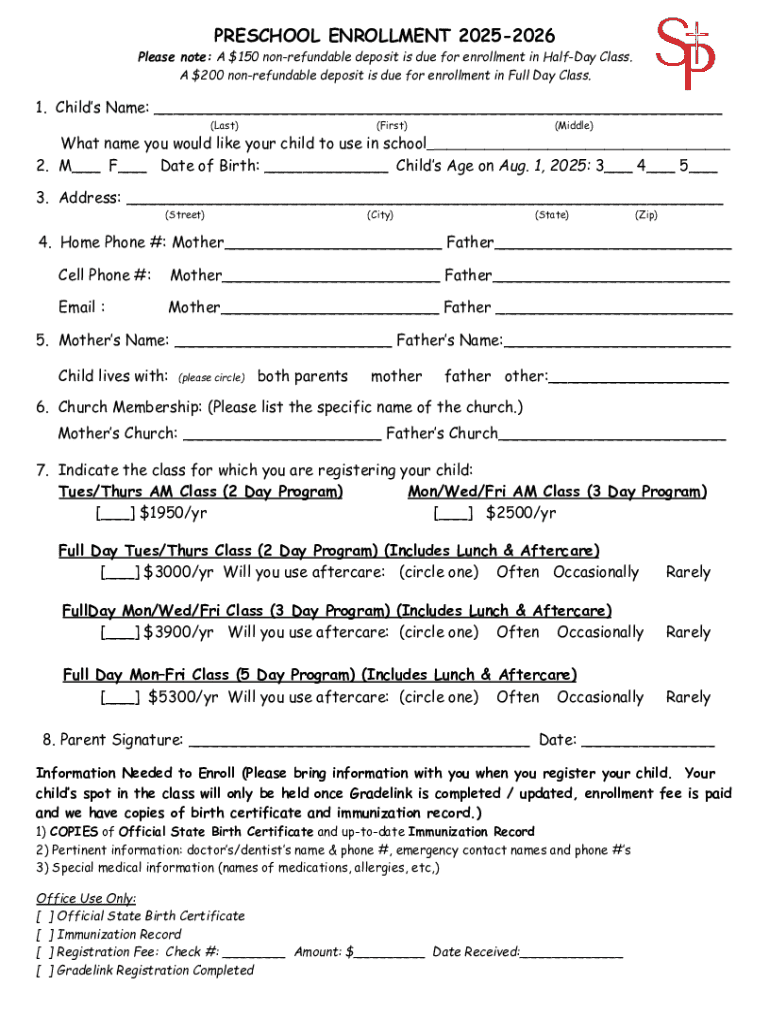 Fillable Online Preschool Enrollment Form Fax Email Print - pdfFiller