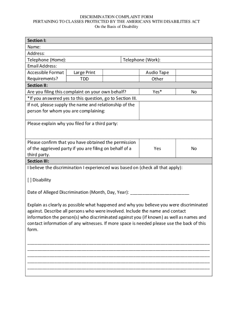 Fillable Online Discrimination Complaint Form Pertaining to Classes Protected by the Americans ...