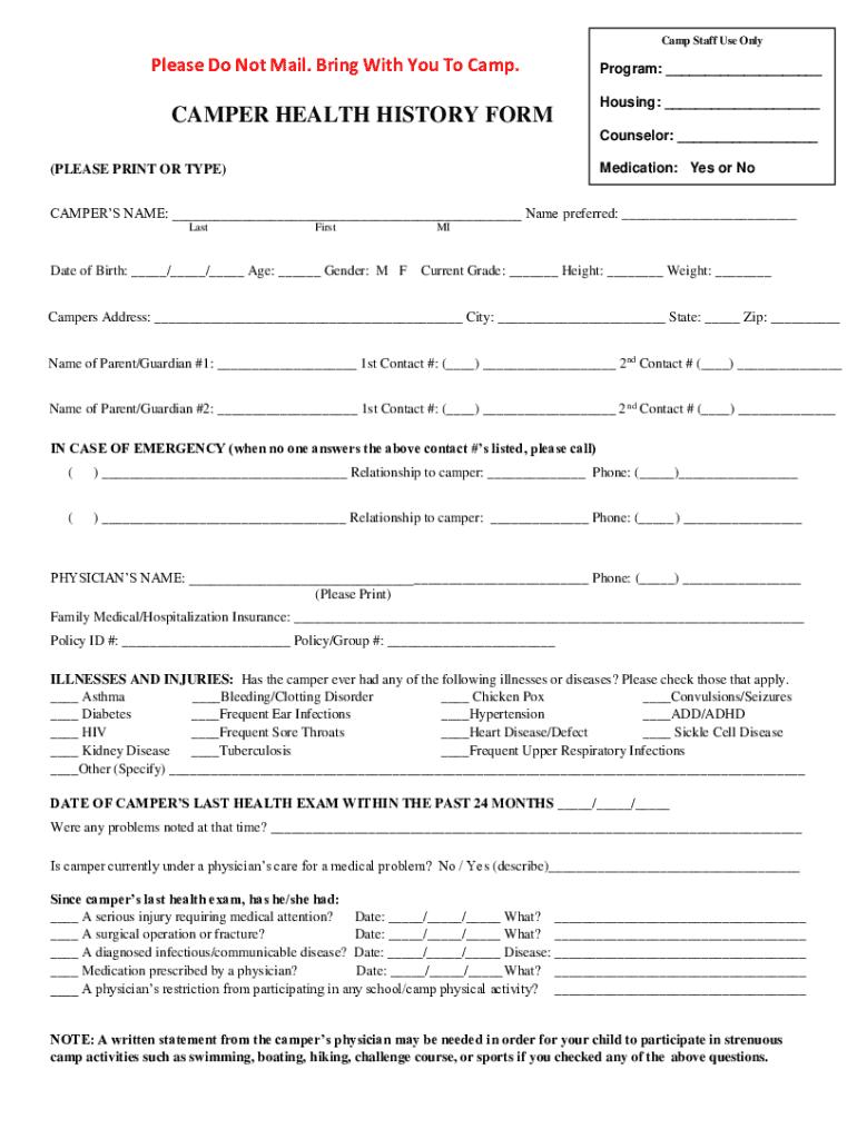 Fillable Online Camper Health History Form Fax Email Print - pdfFiller