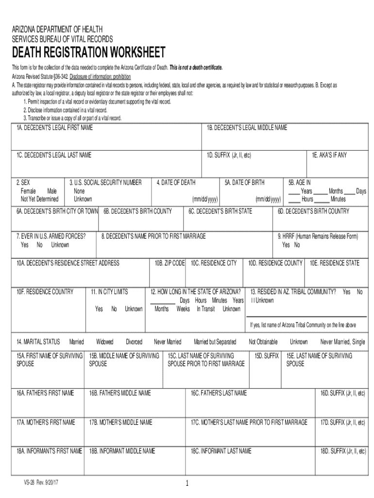 Fillable Online Arizona Death Registration Worksheet Fax Email Print ...