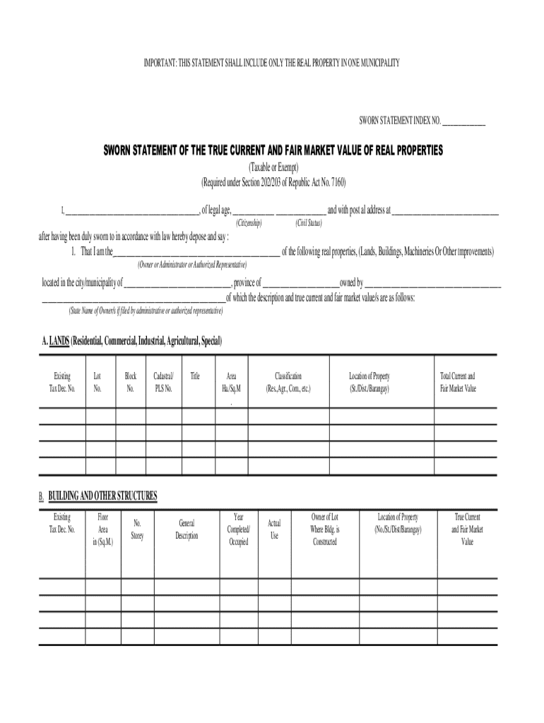 Fillable Online Sworn Statement of the True Current and Fair Market ...