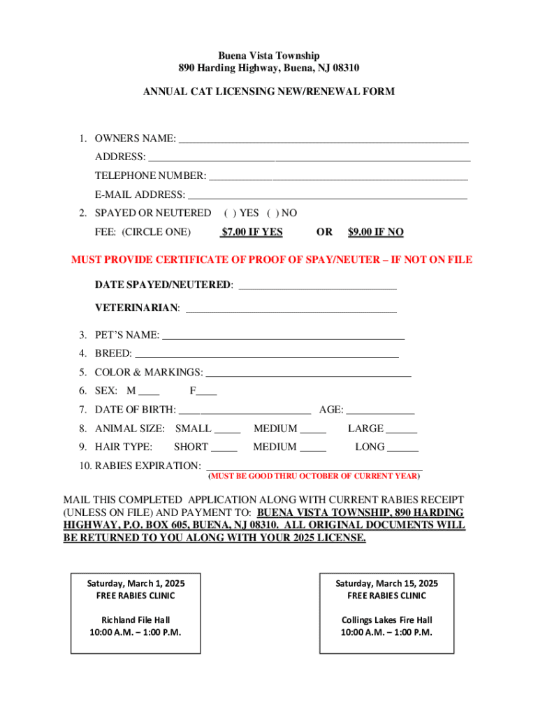 Fillable Online Buena Vista Township Cat Licensing Form Fax Email Print ...