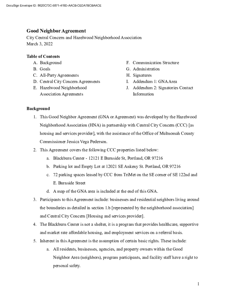 Fillable Online Good Neighbor Agreement Between City Central Concern ...