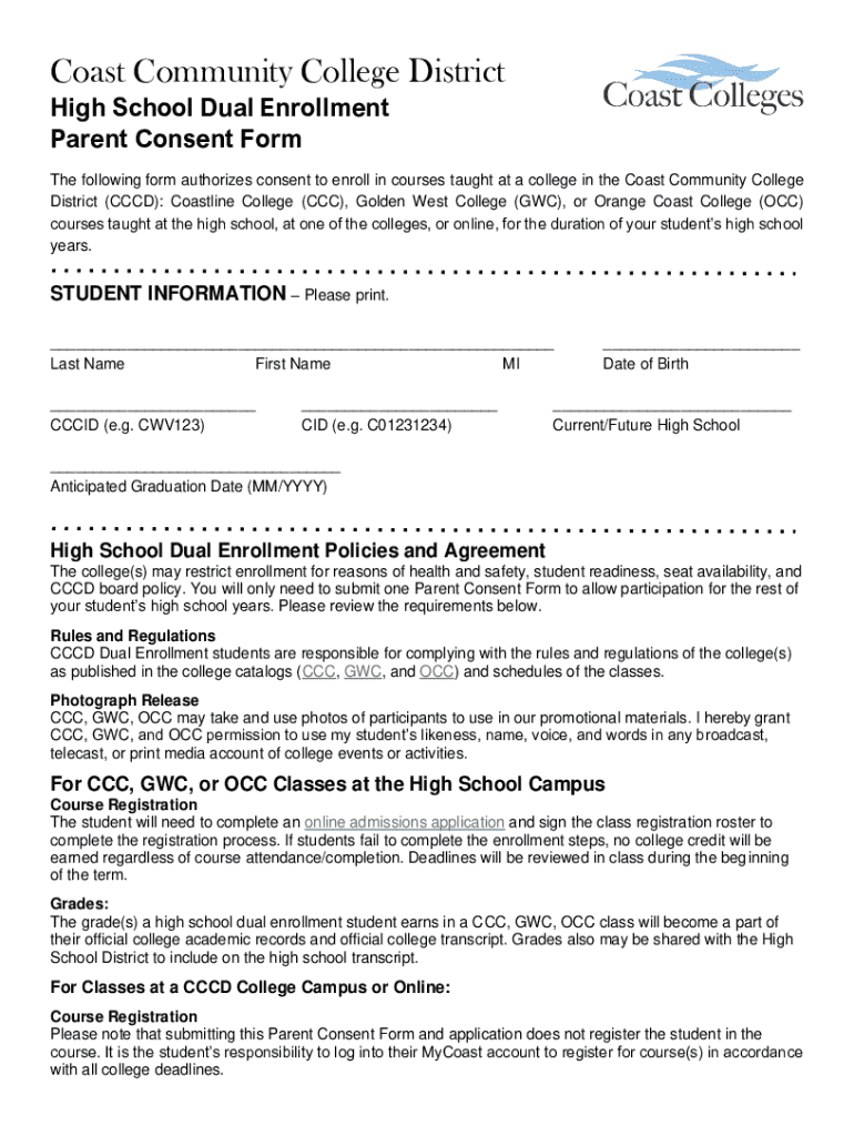 Fillable Online High School Dual Enrollment Parent Consent Form Fax Email Print - pdfFiller