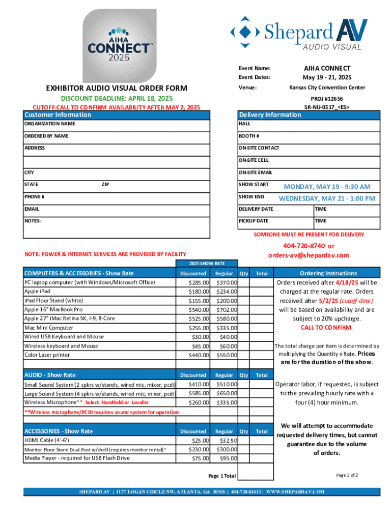 Fillable Online Aiha Connect - Exhibitor Audio Visual Order Form Fax Email Print - pdfFiller