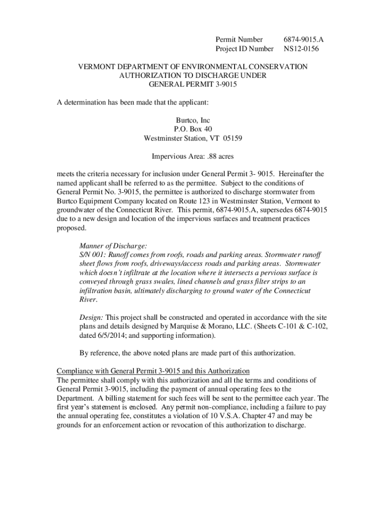 Fillable Online Authorization to Discharge Under General Permit 3-9015 ...