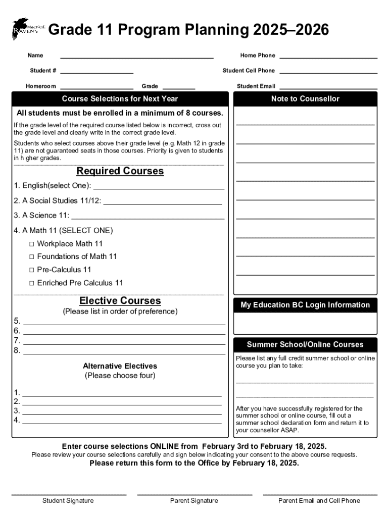 Fillable Online Grade 11 Program Planning Fax Email Print - pdfFiller