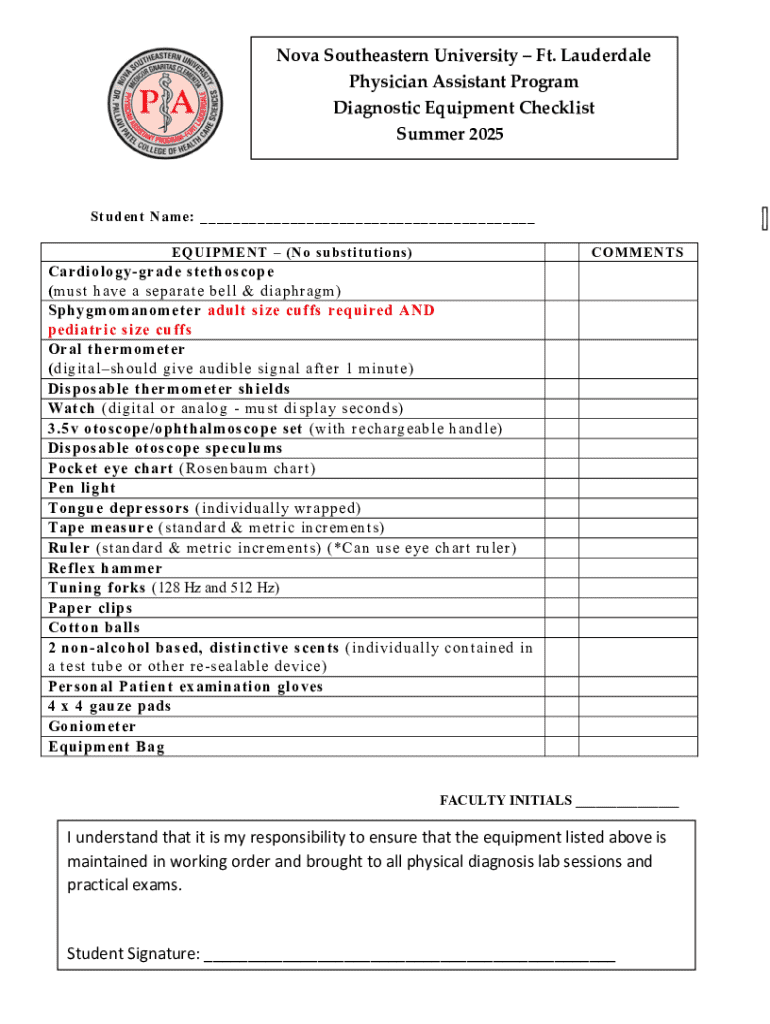 Fillable Online Physician Assistant Program Diagnostic Equipment Checklist Summer 2025 Fax Email ...