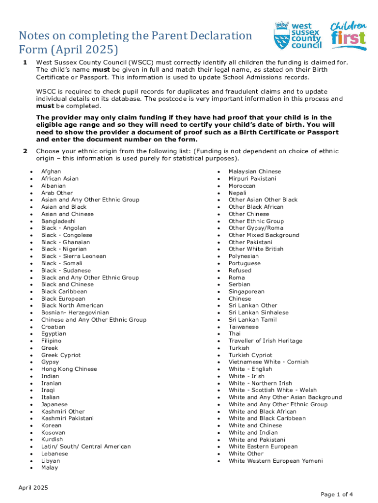 Fillable Online Notes on Completing the Parent Declaration Form (april ...