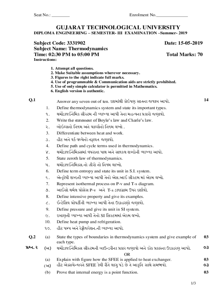 Fillable Online Gujarat Technological University Diploma Engineering – Semester Iii Examination ...