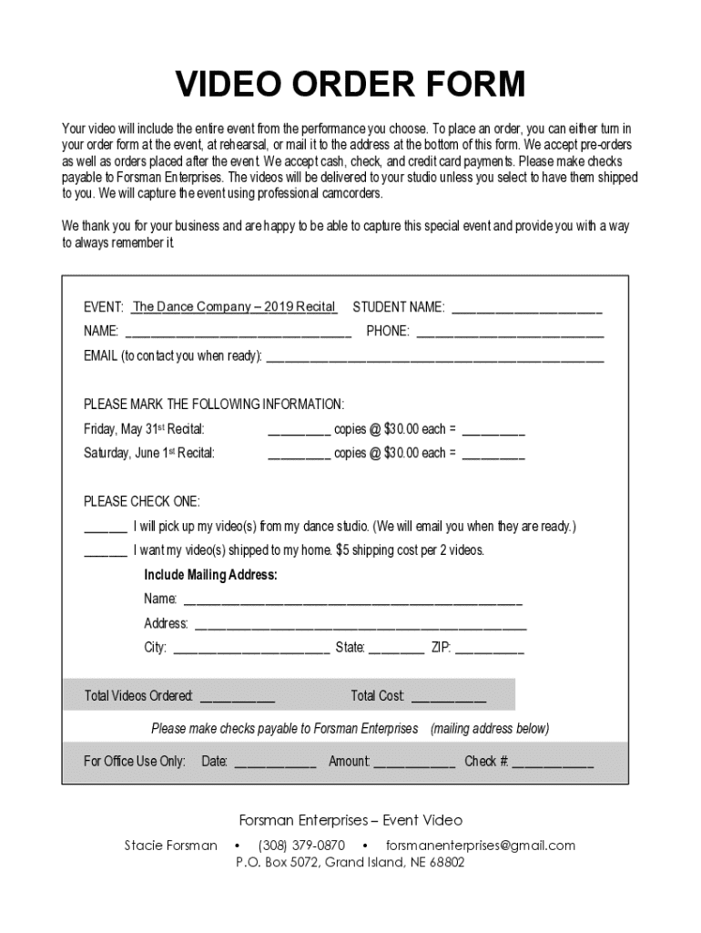 Fillable Online Video Order Form for Dance Recital Fax Email Print ...