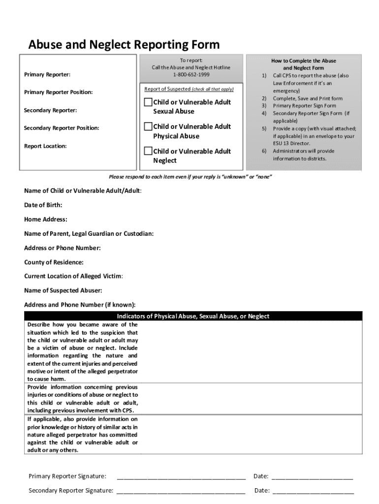 Fillable Online Abuse and Neglect Reporting Form Fax Email Print ...
