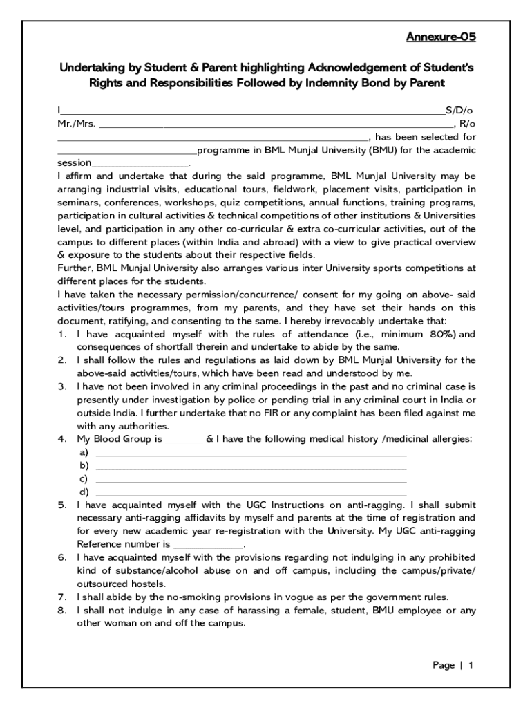 Fillable Online Undertaking by Student & Parent Fax Email Print - pdfFiller