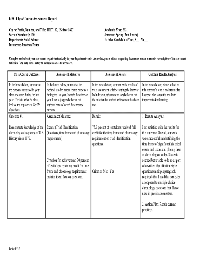 Fillable Online Gbc Class/course Assessment Report Fax Email Print ...