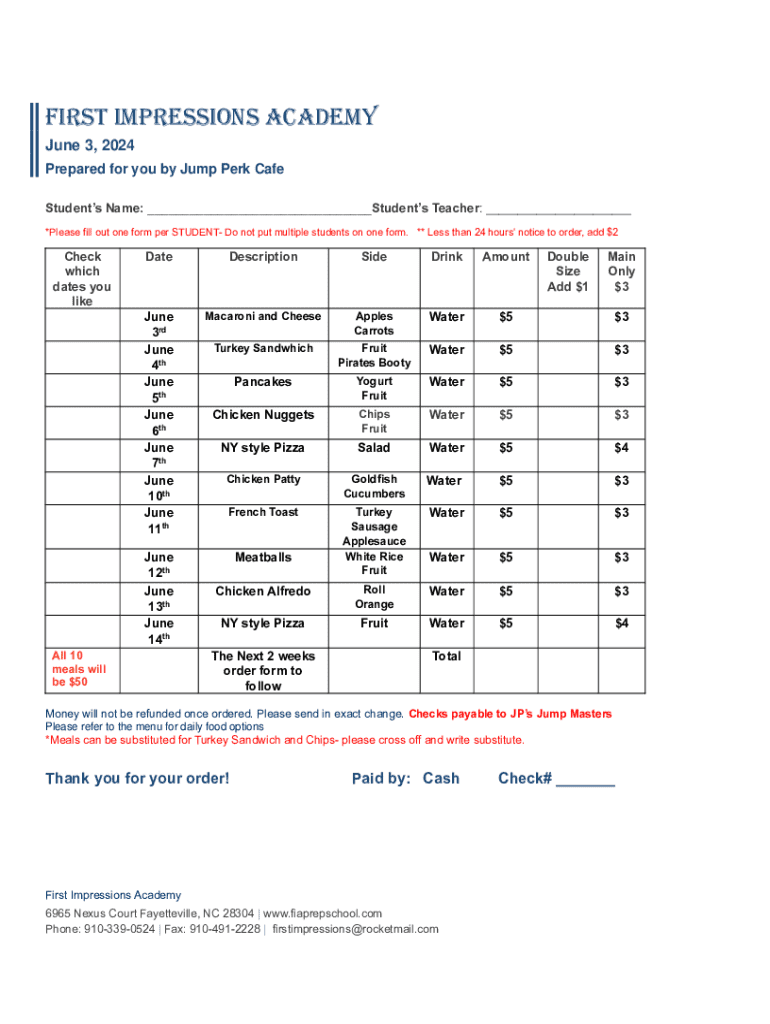 Fillable Online Meal Order Form Fax Email Print - pdfFiller