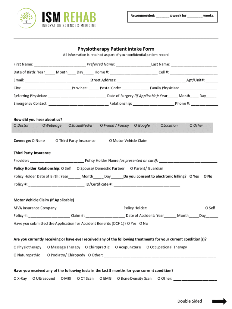 Fillable Online Physiotherapy Patient Intake Form Fax Email Print ...