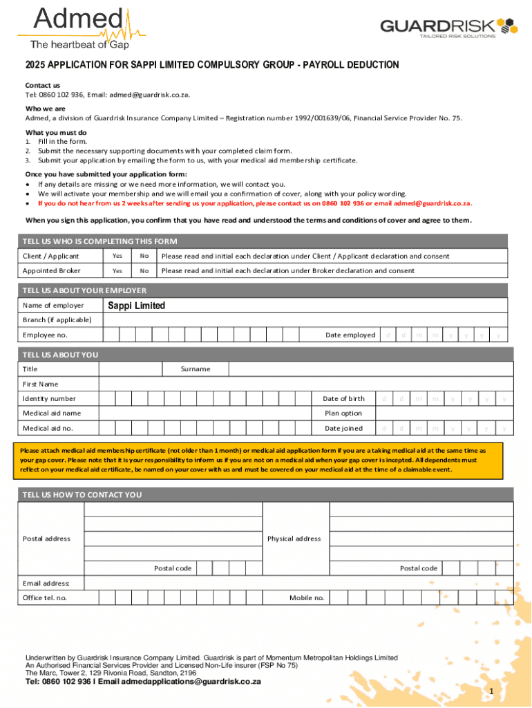 Fillable Online 2025 Application for Sappi Limited Compulsory Group - Payroll Deduction Fax ...