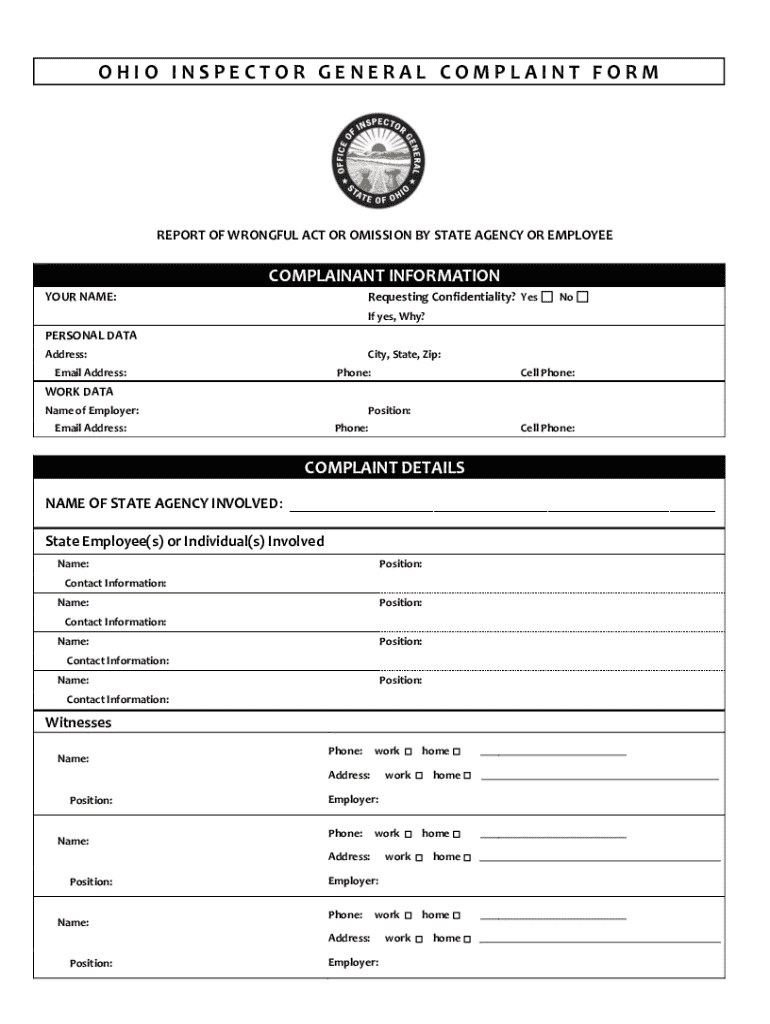Fillable Online Report of Wrongful Act or Omission by State Agency or ...